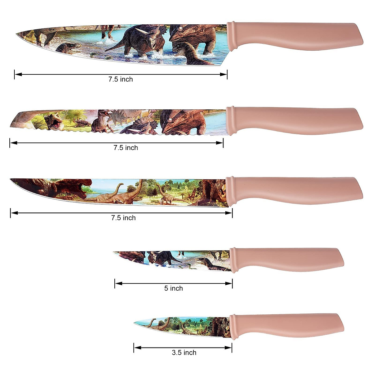 G.a HOMEFAVOR Knife Set, Chef Knives with Dinosaur Pattern, 5-piece Kitchen Knife Set Nonstick Coated with 5 Blade Guard, Gift Box Perfect as a Christmas gift