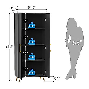 NOVAMAISON 69” Tall Storage Cabinet - Black Storage Cabinet w/ 2 Doors and Adjustable Shelves, Freestanding Kitchen Pantry w/Gold Handles and Legs, Wooden Wardrobe Cabinet for Bedroom, Laundry