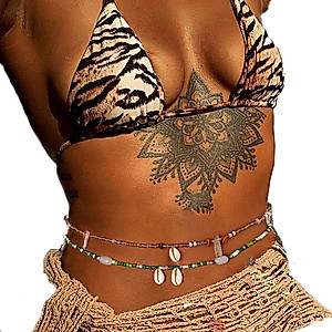 Woeoe African Waist Beads Layered Shell Bead Belly Chain Elastic Plus Size Waist Jewelry Body Accessories for Women
