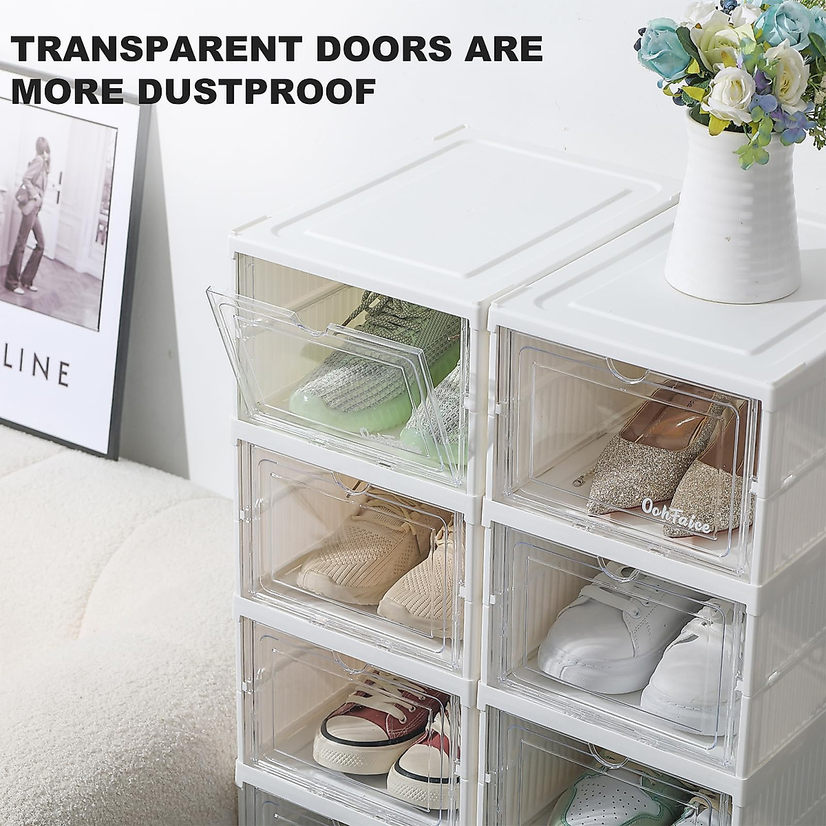 OohFaice 5-Tier Corner Shoe Rack Storage Organizer, Narrow Shoe Shelf for Closet Entryway, Free Standing Cabinet with Clear Door, Plastic Space Saving Foldable Shoe Stand, Clear