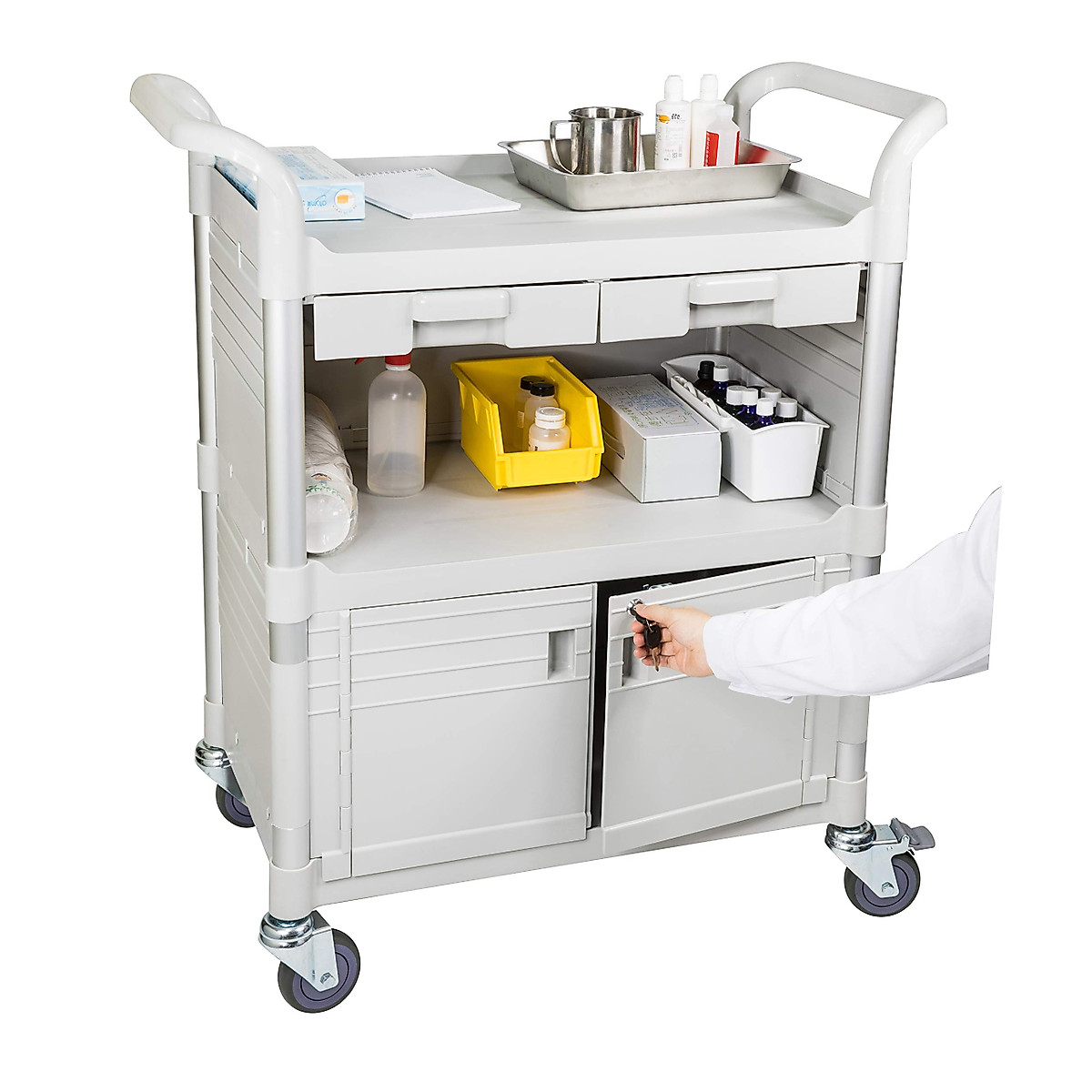 JaboEquip, Larger 3 Shelf Heavy Duty Lockable Hospital cart Medical cart, Utility Cart 606 lbs for Medical, L34.43xD19.69xH40.55 inch, Off-White (Light Grey) Color