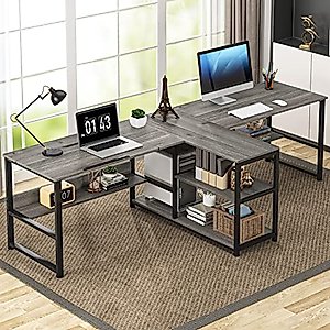 Tribesigns 94.5 inch Two Person Desk with Storage Shelves and Tiltable Tabletop, Double Computer Desk with Printer Shelf, Extra Long Double Workstation Desk Study Table for Home Office (Grey)