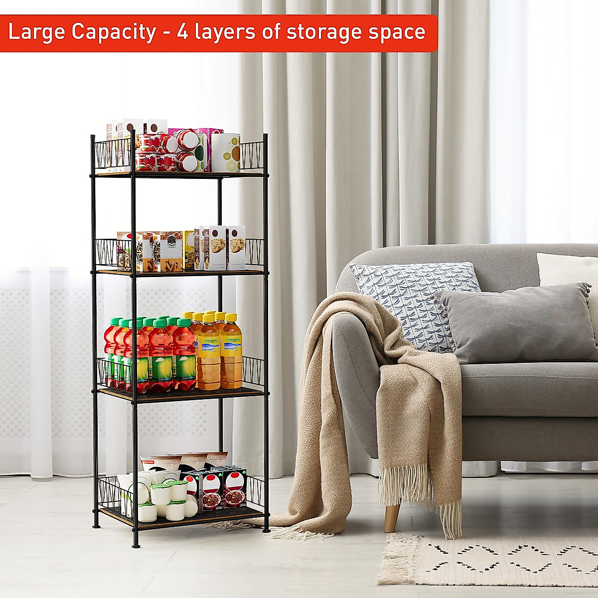 4 Tier Water Bottle Organizer Shelf Bottled Water Storage Rack for Floor Metal Wire Rack Shelving Standing Shelf Units for Pantry Kitchen Bathroom House, Black