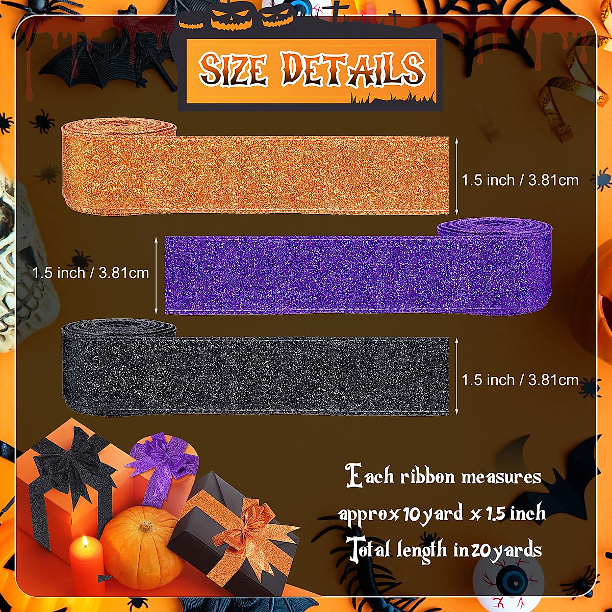 Juinte 3 Roll 30 Yards Christmas Glitter Wired Ribbon Christmas Party Favors Decor Gift Wrapping Ribbon for Craft Headband Bow Decor(1.5 Inch,Black, Orange, Purple)