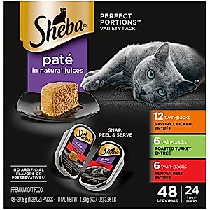 SHEBA Perfect Portions Paté Wet Cat Food Trays (24 Count, 48 Servings), Savory Chicken, Roasted Turkey, and Tender Beef Entrée, Easy Peel Twin-Pack Trays