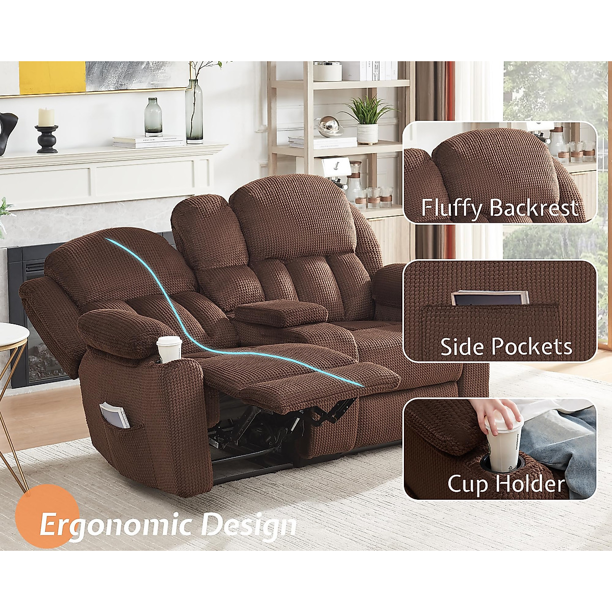 Jocisland Recliner Couch, 3 Seater Recliner with Cup Holders, Plush Fabric Reclining Couch with Dual Wingback, Comfy Recliner Sofas for Living Room(Brown)