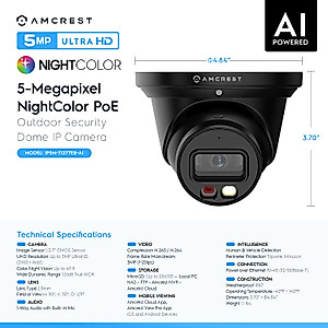 Amcrest 5MP AI Turret IP PoE Camera w/ 49ft Nightvision, Security IP Camera Outdoor, Built-in Microphone, Human & Vehicle Detection, Active Deterrent,129° FOV, 5MP@20fps IP5M-T1277EB-AI