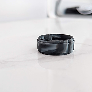 Knot Theory Black Marble Silicone Ring Men - Size 8 Step Edge 9mm Wide Rubber Wedding Band - Gym Workout Weight-Lift Ring