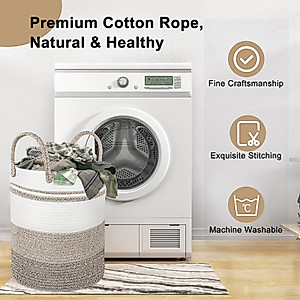 2 Pack Large Tall Rope Laundry Baskets, Cotton Laundry Hamper, Dirty Clothes Hampers Woven Basket, Blanket Basket Storage for Living Room, Dirty Clothes Baskets for Bedroom, Baby Room, 58L&28L Khaki