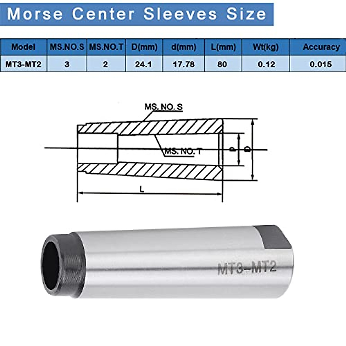Eboxer MT3 to MT2 Taper Drill Sleeve Reducing Adapter, High Speed Steel Middle Taper Sleeve for Lathe Milling Industrial CNC Fixture Tool