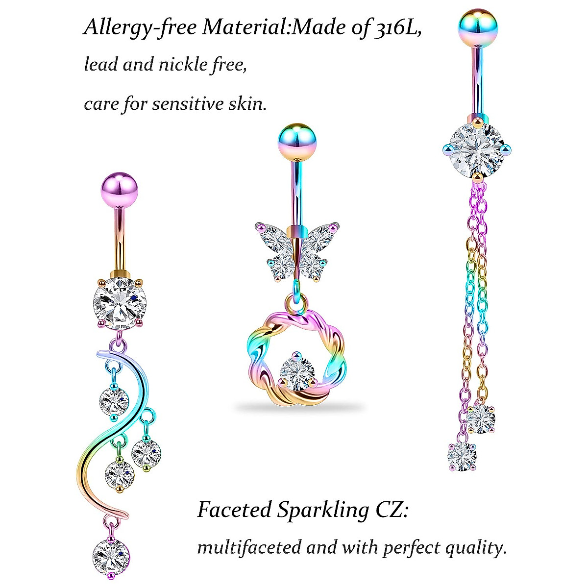 Vsnnsns 14G Belly Button Rings Belly Rings for Women Stainless Steel Butterfly Belly Piercing Jewelry Surgical Steel Dangle Belly Button Rings Curved Navel Ring Barbell Body Jewelry Piercing Rainbow