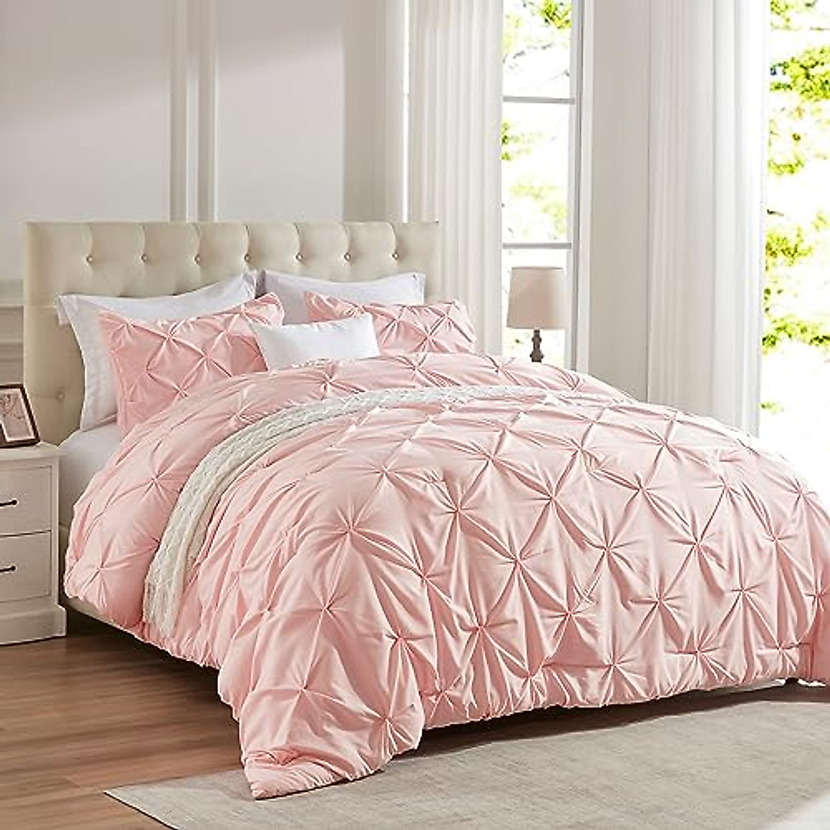 NexHome Twin Comforter Set Pintuck Pink Comforter Set Soft Pinch Pleat Microfiber Lightweight Down Alternative All Season 2 Pieces Bedding Comforters & Sets（1 Comforter 1 Pillow sham）