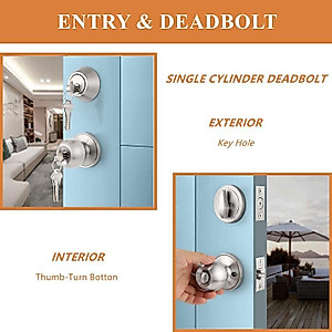 Probrico 2 Sets Front Exterior Door Knob Set with Single Cylinder Deadbolts Satin Nickel,Round Entry Door Knobs with Dead Bolts Combo Pack, Keyed Alike Door Hardware, Contractor Pack
