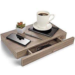 Floating Shelf with Drawer, Floating Nightstand for Bedroom - 16” Wall Shelf, White Floating Shelf with Storage, Floating Shelf for Office Bathroom Kitchen Floating Bedside Table (Grey Wood)