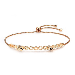 Presentski Bee Honeycomb Bracelet 925 Sterling Silver, Rose Gold Plated Adjustable Jewelry for Women