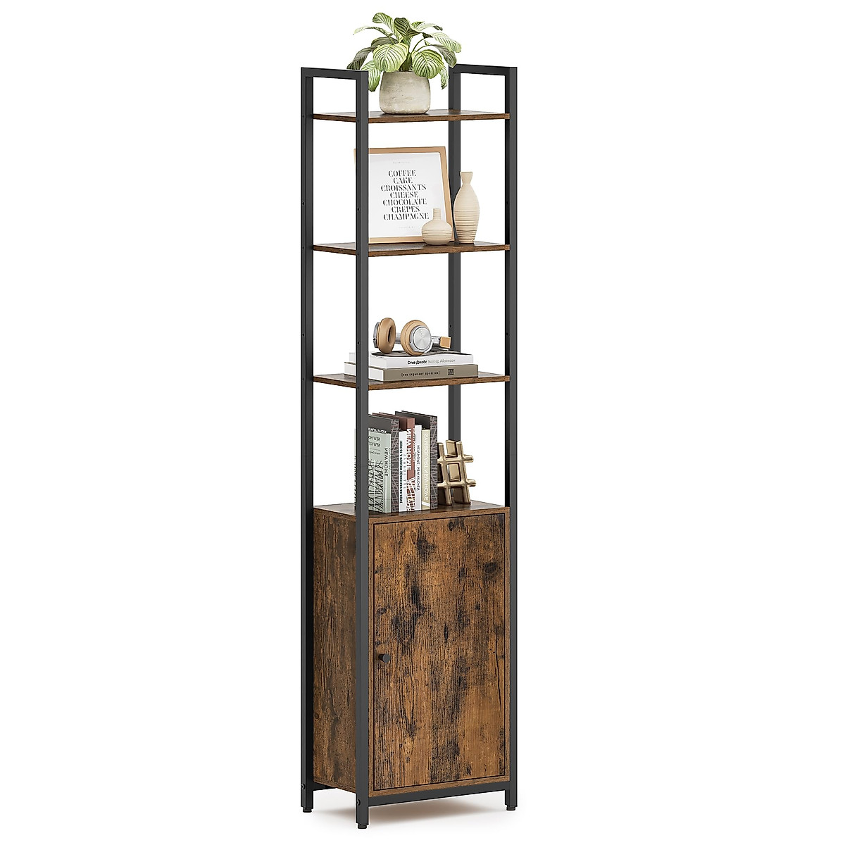 VASAGLE 6-Tier Bookshelf, Tall Bookcase with Door, Steel Frame, Adjustable Shelves, 9.4 x 15.7 x 62.8 Inches, Living Room Bedroom, Rustic Brown and Ink Black ULLS132K01