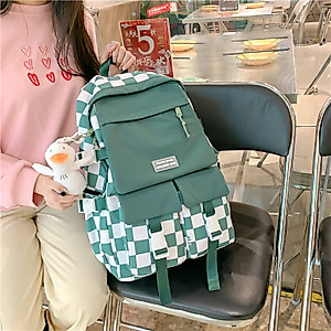 MEOKIM Kawaii backpack student schoolbag large-capacity backpack black and white plaid cute girls campus backpack(Green)
