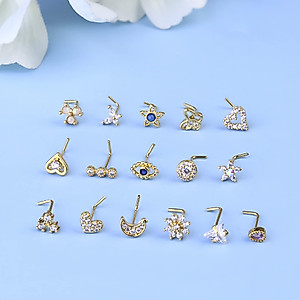 YADOCA 16 Pcs 20G Nose Studs Surgical Steel L Shaped Nose Rings Studs for Women Opal CZ Heart Butterfly Nose Piercing Jewelry Silver Rose Gold
