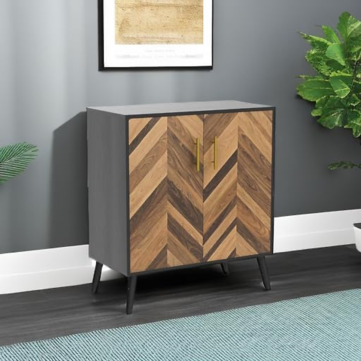 AMZOOM Accent Cabinet, Black Storage Cabinet with Doors Mid Century Modern Sideboard Buffet Cabinet with Storage Shelves Small Wood Accent Cabinets for Living Room Entryway Office, Brown Herringbone