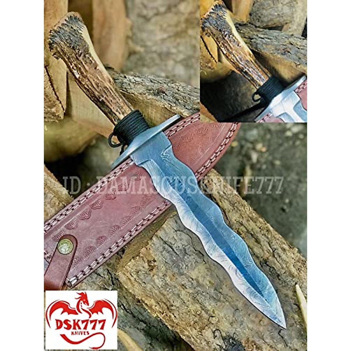 NoonKnives: custom Hand Made Damascus forge wavy style Steel Collectible wavy dagger Knife Handle deer stag horn crown with damascus Inserts (stag)