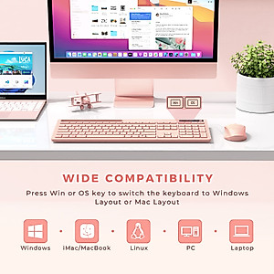 Wireless Keyboard and Mouse for MacBook, Vivefox Pink Wireless Keyboard with Phone Holder USB A & Type C Receiver Rose Gold Keyboard and Mouse for Windows, Mac, MacBook/Air/Pro Computer