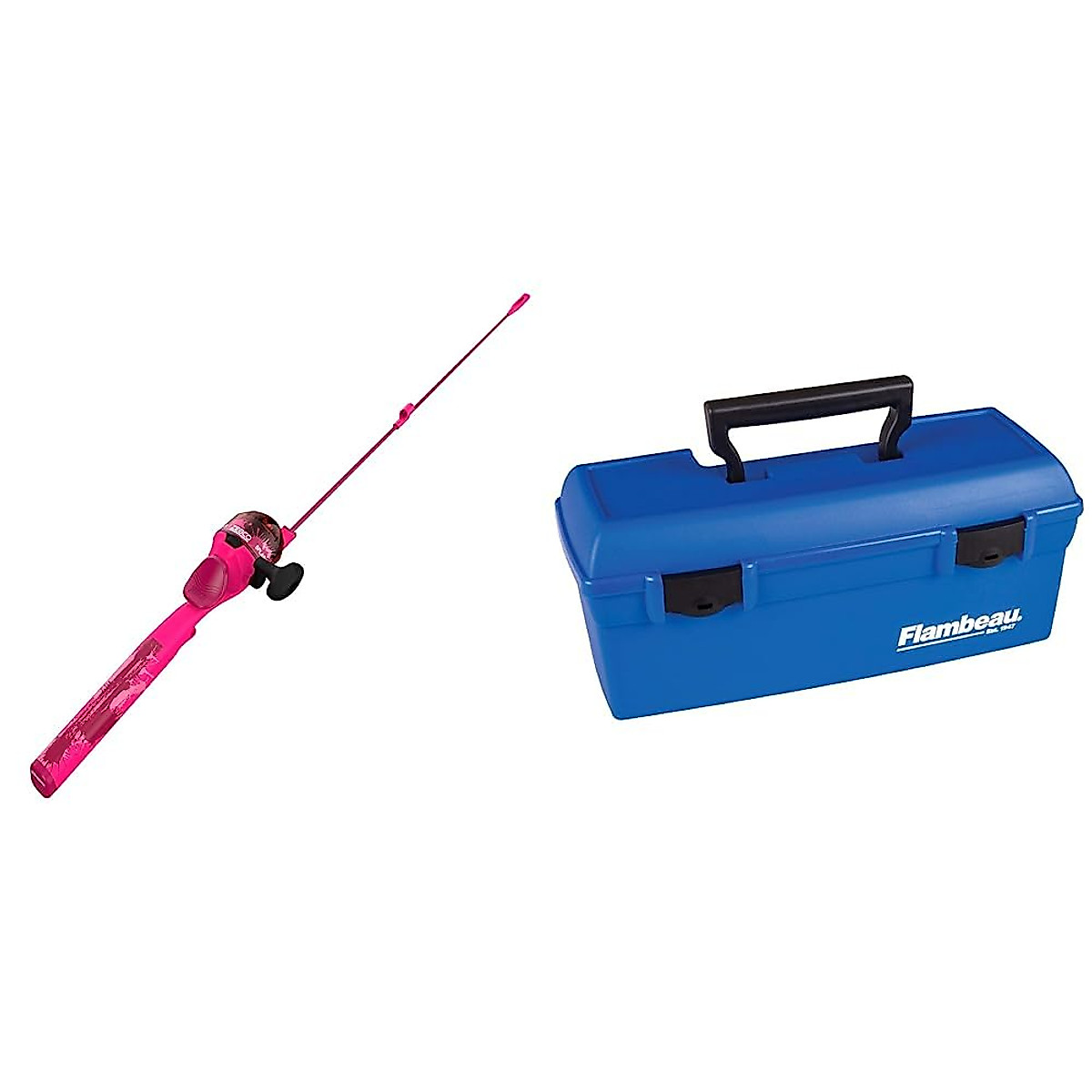 Zebco Kids Splash Floating Spincast Reel and Fishing Rod Combo & Flambeau Outdoors 6009TD Lil' Brute Tackle Gear Box with Lift-Out Tray, Blue Pink