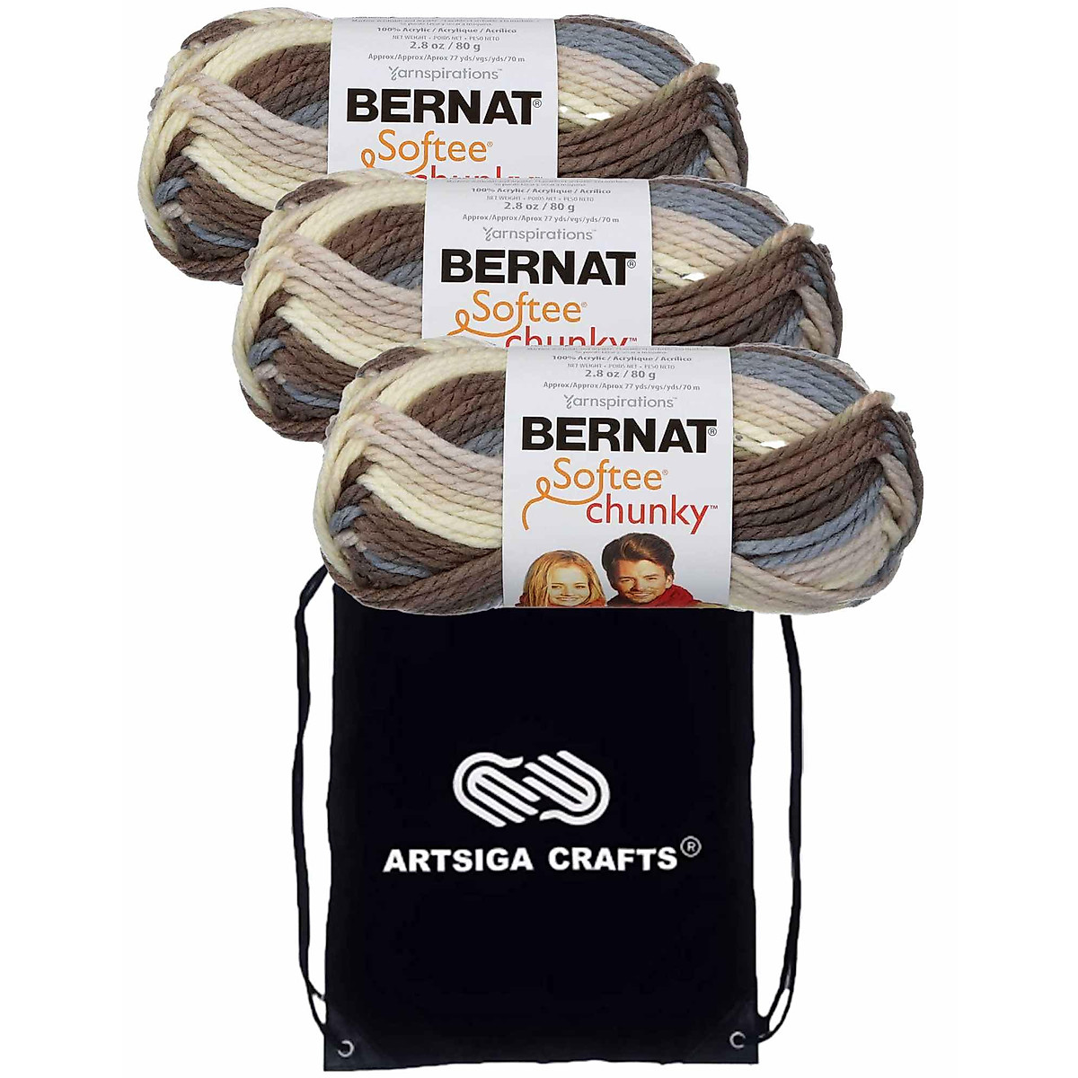 Bernat Softee Chunky Ombre Natures Way 161129-29012 (3-Skeins - Same Dye Lot) Chunky Bulky #5 Acrylic Yarn for Crocheting and Knitting - Bundle with 1 Artsiga Crafts Project Bag