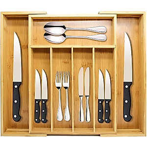 Diosbles 6 Pack Bamboo Drawer Dividers Expandable(2.36" High, 13.86"-18.98") and Bamboo Expandable Silverware Organizer