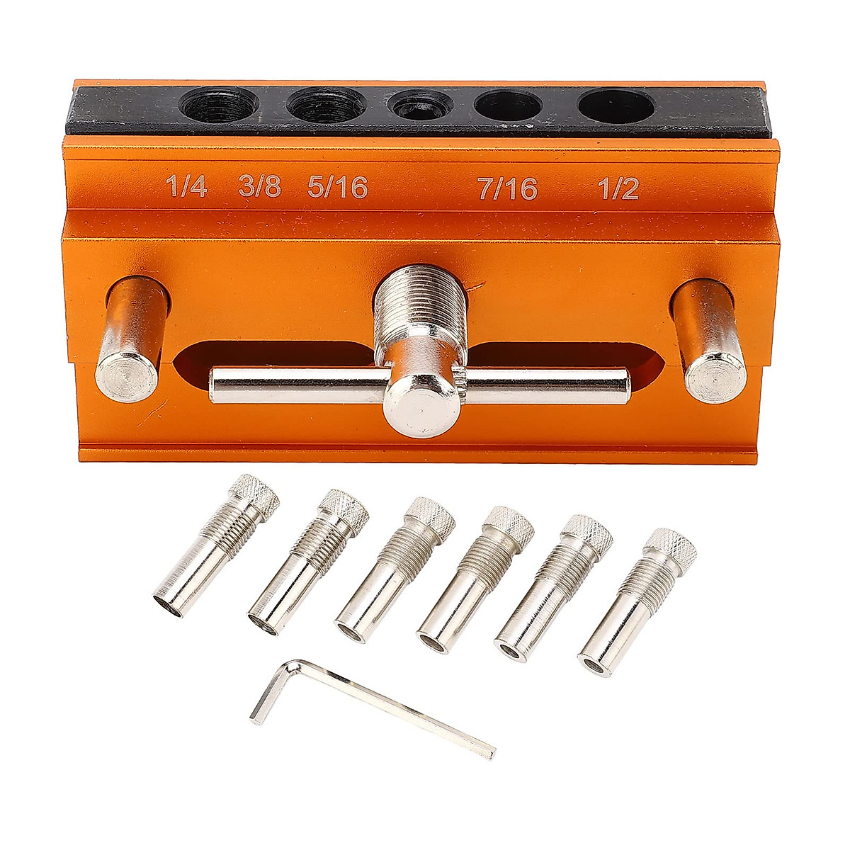 Self Centering Doweling Jig Dowel Drill Guide Bushings Set,Self Centering Dowel Jig Kit - Aluminum Alloy Anodized Orange - 4 Holes Drill positioner for Woodworking