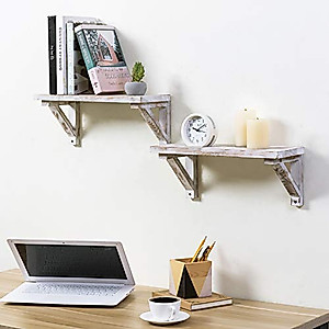 MyGift Wall Mounted Floating Shelves - 16.5 Inch Whitewashed Wood Decorative Shelf with Wooden Brackets, Set of 2