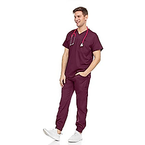 MediChic Men's Workwear Scrubs Stretch V-Neck Scrub Joggers Set with Seven-Pocket Pants Available in 10 Colors Up to Size 3X
