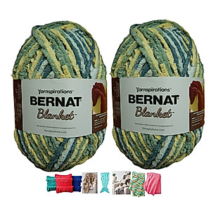 Big Ball Blanket Yarn 2-Pack Bundle by Bernat Plus 6 Blanket Yarn Patterns Super Bulky #6 10.5 Ounce Ball 220 Yards (Soft Sunshine Green)