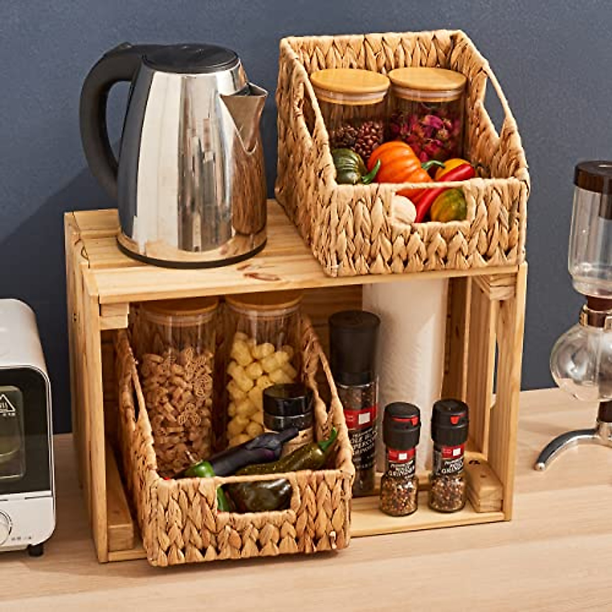 EZOWare Woven Open Front Storage Baskets, Natural Water Hyacinth Wicker Storage Trapezoid Organizer Bin Boxes with Handles for Closet Toys Clothes Kids Room Nursery, Empty Decorative Gift - Set of 2