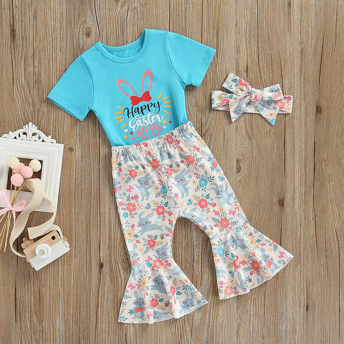 ITFABS 6M-5T Toddler Baby Girl Outfit Short Sleeve T Shirt Dress Shirt Tees Tops+Leopard Flare Pants Outfit Summer Clothes (Easter Blue, 12-18 months)