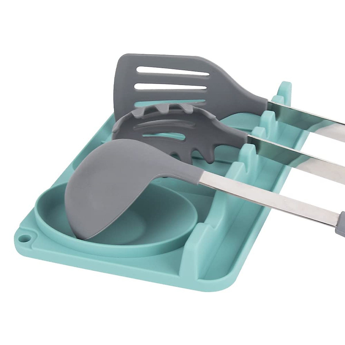 Zilicone Valet Silicone Spoon Rest with Drip Pad - 5 Slotted Spoon Rest for Kitchen Utensils, Tongs, Ladles - Heat Resistant Spoon Holder for Stove Top, Countertops, & Tables (Blue, 1)