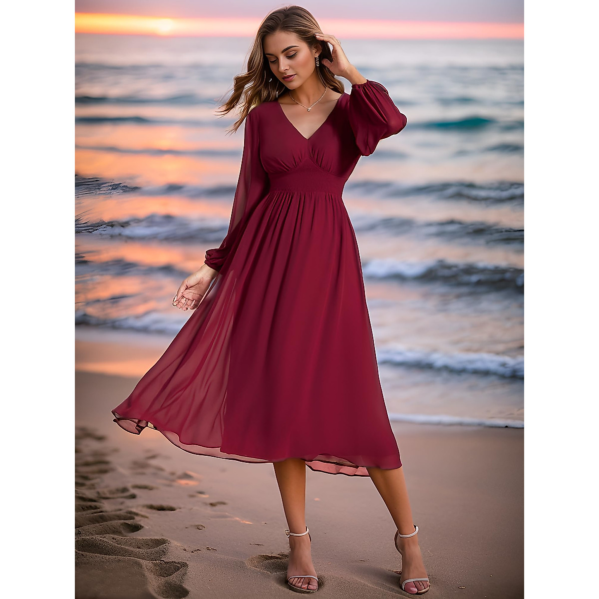 Ever-Pretty Women's Chiffon Long Sleeve Elastic Waist A-Line Knee Length Wedding Guest Dresses Burgundy US16