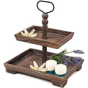 Rustic Wooden Two Tiered Tray Farmhouse - Rectangle Stand for Serving Food Fruits Cupcakes - Perfect for Your Summer Decor - Tiered Tray Decor Holder
