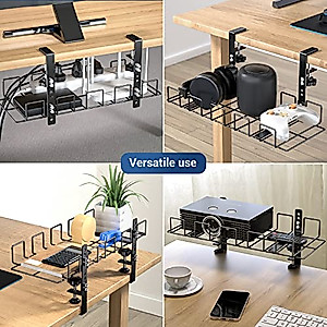 Under Desk Cable Management Tray - No Drill Clamp Mount Steel Cords Organizers - 15.7“ High Capacity Adjustable Removable Docking Station Wires Holder Rack - Home Office Kitchen Table Raceway -1pc