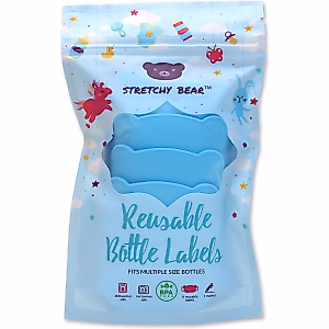 Stretchy Bear Reusable Baby Bottle Labels for Daycare, 6 Pcs (Blue) | 9 Color Options
