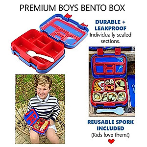 kinsho Bento Lunch Box and Matching Lunch Bag with Ice Pack Set for Kids, Toddlers (Blue Red Rockets)