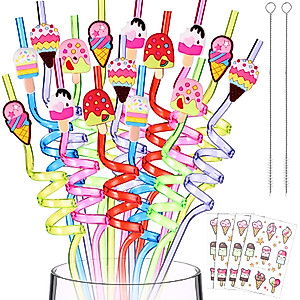 43 Pieces Ice Cream Straws and Cleaning Brushes Ice Cream Drinking Straws Goodie Gifts Ice Cream Tattoos Sticker Reusable Ice Cream Straws for Kids Birthday Summer Party Favors