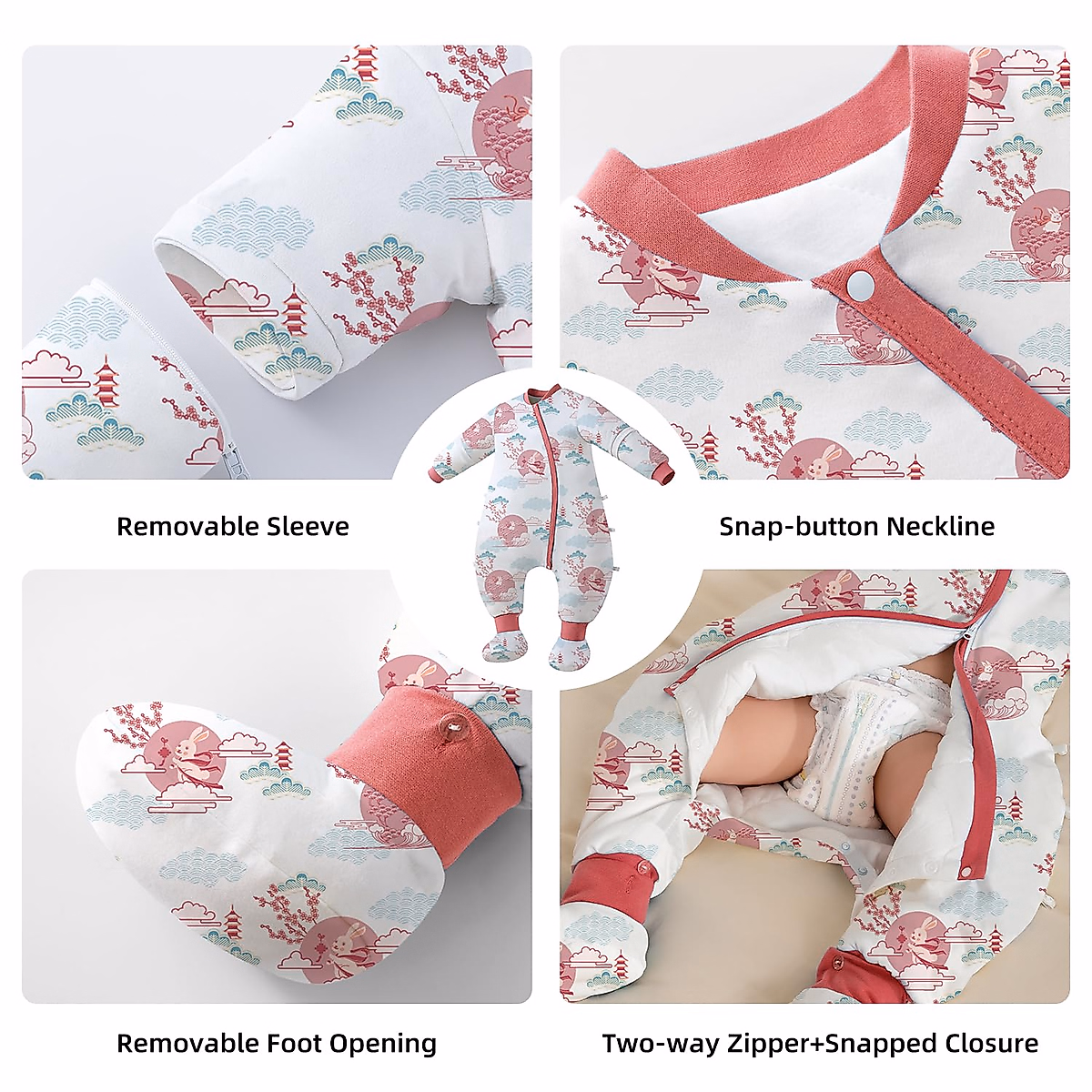 usbettas Long Sleeve Sleep Sack 100% Cotton Baby Sleepsuit Unisex Smart Thermostatic Baby Sleeping Bag with Feet Wearable Blanket for Toddler 1.0TOG (15-30 Months, M)