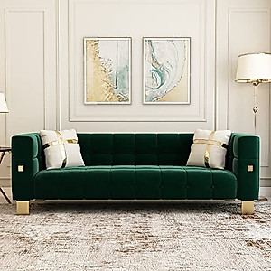 MoLiFaning 89" Modern Chesterfield Velvet Sofas Mid Century Modern Button Tufted Velvet Couches with 2 Pillows and Gold Legs,for Living Room Apartment Bedroom Office (89" Green)