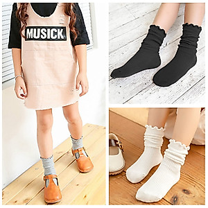 KEREDA Ruffle Socks for Girls School Uniform Slouch Crew Socks Kids 6 Pairs L Black White Grey