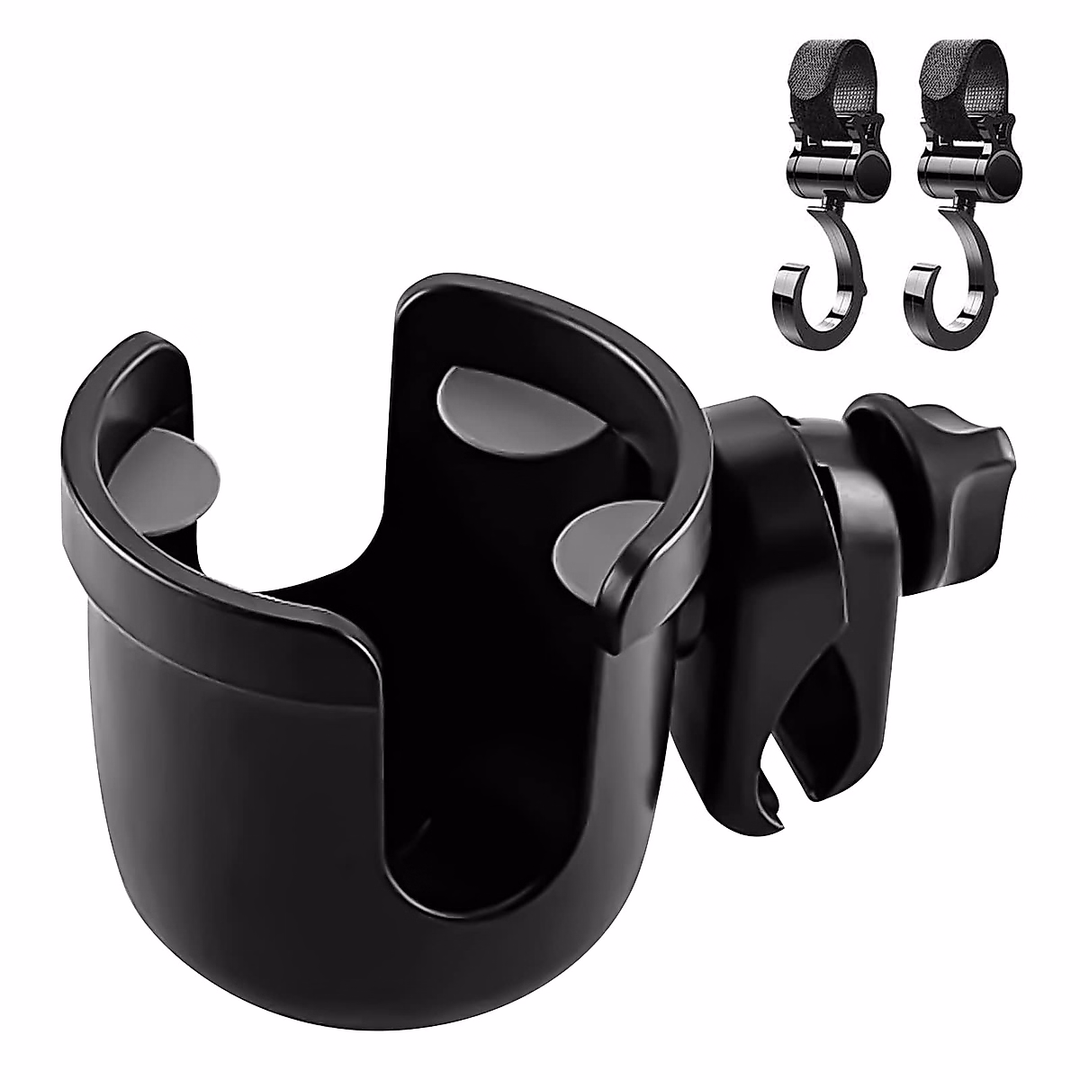 TOWOOZ Stroller Cup Holder, Bike Cup Holder 2-in-1 Universal Cup Holder with Phone Holder Easy to Install 360 ° Rotation Wheelchair Cup Holder, Stroller Accessories with Two Hooks