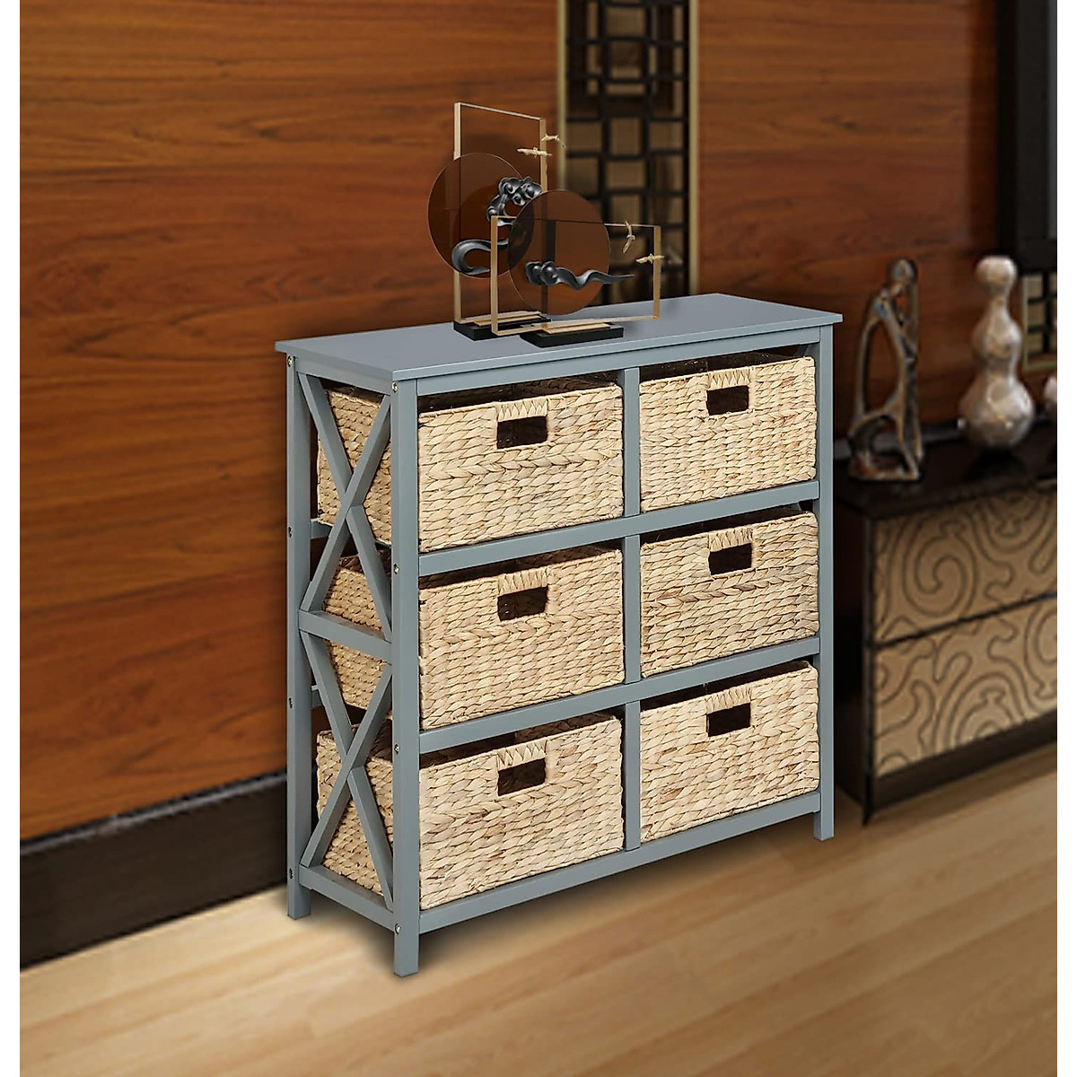 eHemco 3 Tier X-Side End Storage Cabinet with 6 Wicker Baskets, Gray