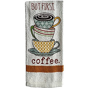 Set of 4, Coffee Cup with Sentiment BUT First Coffee Design Kitchen Towels Dish Towels for Kitchen Decorative Size: 15 x 25 inch.