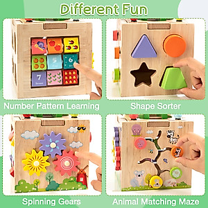 Kizfarm 8-in-1 Activity Cube Wooden Montessori Toys for 1+ Year Old, Bead Maze Shape Sorter Developmental Learning Toys, Bonus Sorting & Stacking Toys for 12M+ Toddlers, Gift Packaging