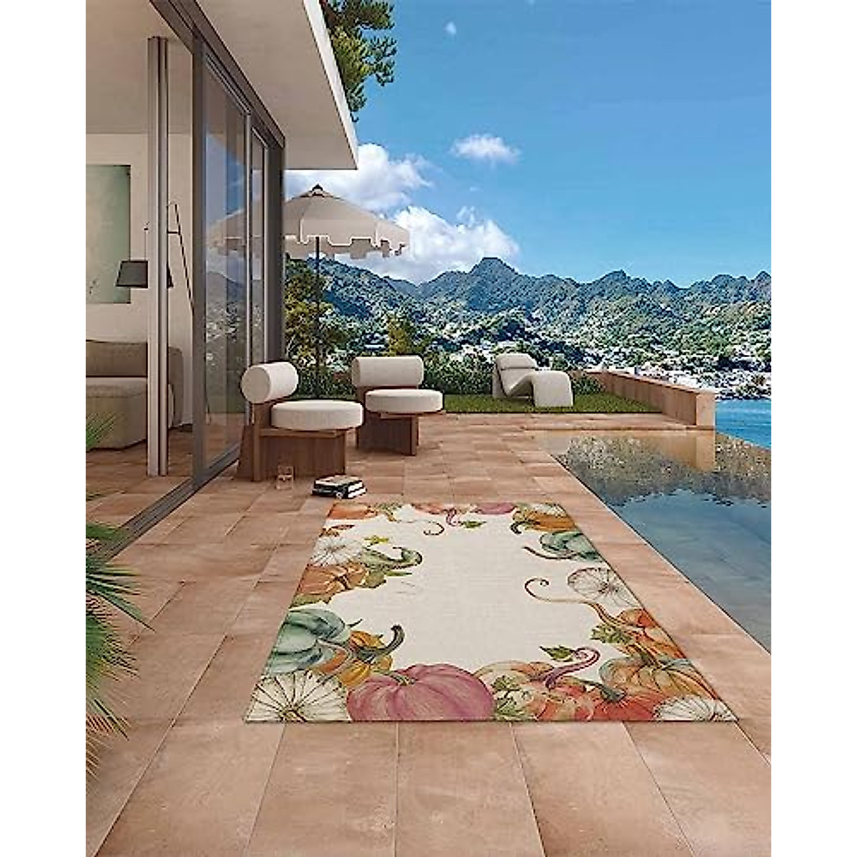 Fall Pumpkin Outdoor Rug for Patio/Deck/Porch, Non-Slip Area Rug 5 x 8 Ft, Thanksgiving Autumn Maple Leaf Colorful Pumpkin Indoor Outdoor Rugs Washable Area Rugs, Reversible Camping Rug Carpet Runner