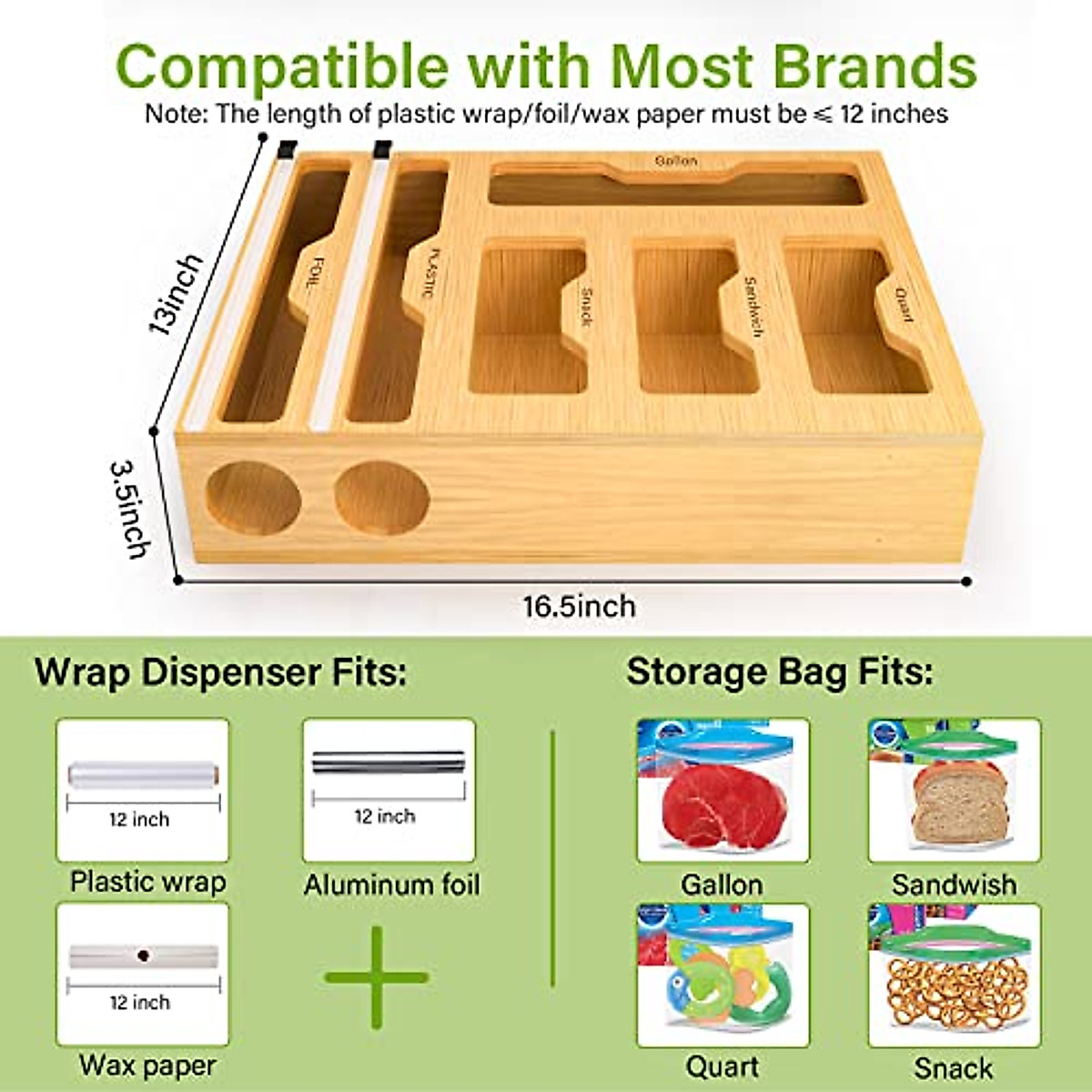 KOCWELL Bag Organizer and Plastic Wrap Dispenser with Cutter, 6 In 1 Bamboo Foil and Plastic Wrap Organizer for Kitchen Drawer, Food Storage Bag Organizer for Gallon,Quart,Sandwich,Snack(Beige)